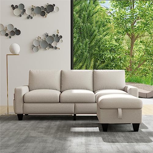 Sectional Sofa L-Shaped Couch, Couches for Living Room with Reversible Storage Chaise & Side Storage Pockets, 3-Seat Linen Modular Sofa for Living Room/Apartment/Dorm/Office/Small Space (Beige)