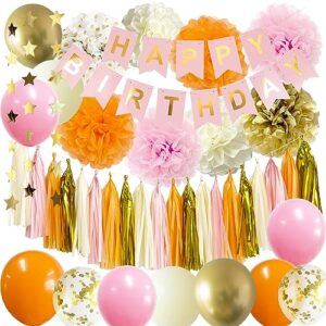 ansomo pink and orange happy birthday party decorations hot pink gold banner balloons décor supplies women girls teens her tassel garland tissue pom poms