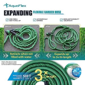 AquaFlex (US Patent) 50ft Super Light Weight Expandable Garden Hose, Water Hose with 9 Function Nozzle, Lightweight & No-Kink Flexible Garden Hose, Yard Hose for Watering, Green