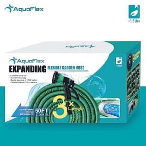 AquaFlex (US Patent) 50ft Super Light Weight Expandable Garden Hose, Water Hose with 9 Function Nozzle, Lightweight & No-Kink Flexible Garden Hose, Yard Hose for Watering, Green