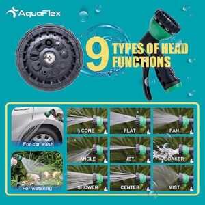 AquaFlex (US Patent) 50ft Super Light Weight Expandable Garden Hose, Water Hose with 9 Function Nozzle, Lightweight & No-Kink Flexible Garden Hose, Yard Hose for Watering, Green