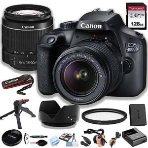 canon 4000d (eos rebel t100) dslr camera w/ef-s 18-55mm f/3.5-5.6 zoom lens + 128gb memory card, hood, grip-pod, filter, professional photo bundle(22pc)