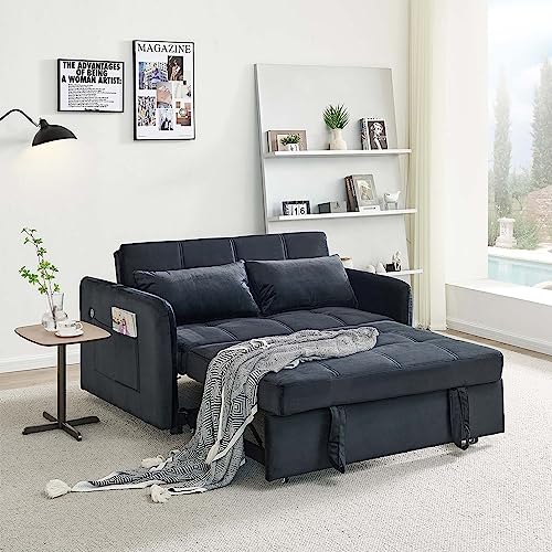 Antetek Sleeper Sofa Bed w/USB Port, Modern 3-in-1 Convertible Tufted Velvet Upholstered Pull Out Futon Couch, 55.5" W Small Loveseat Sofa for Office Living Room Small Space, Black