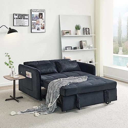 Antetek Sleeper Sofa Bed w/USB Port, Modern 3-in-1 Convertible Tufted Velvet Upholstered Pull Out Futon Couch, 55.5" W Small Loveseat Sofa for Office Living Room Small Space, Black