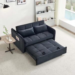 Antetek Sleeper Sofa Bed w/USB Port, Modern 3-in-1 Convertible Tufted Velvet Upholstered Pull Out Futon Couch, 55.5" W Small Loveseat Sofa for Office Living Room Small Space, Black