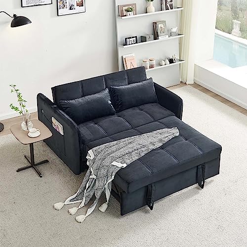 Antetek Sleeper Sofa Bed w/USB Port, Modern 3-in-1 Convertible Tufted Velvet Upholstered Pull Out Futon Couch, 55.5" W Small Loveseat Sofa for Office Living Room Small Space, Black