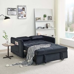 Antetek Sleeper Sofa Bed w/USB Port, Modern 3-in-1 Convertible Tufted Velvet Upholstered Pull Out Futon Couch, 55.5" W Small Loveseat Sofa for Office Living Room Small Space, Black