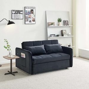 Antetek Sleeper Sofa Bed w/USB Port, Modern 3-in-1 Convertible Tufted Velvet Upholstered Pull Out Futon Couch, 55.5" W Small Loveseat Sofa for Office Living Room Small Space, Black