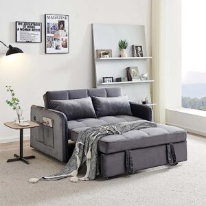 antetek 3-in-1 sleeper sofa bed w/usb port, modern convertible tufted velvet upholstered pull out futon couch, 55.5" w small loveseat sofa for office living room small space, grey