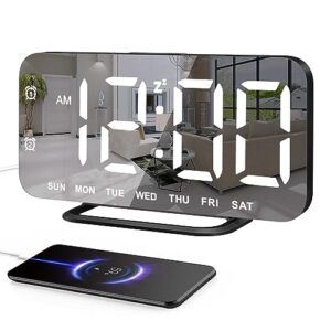 jall super slim led digital alarm clock, mirror surface for makeup, with diming mode, 4 levels brightness, large display, easy setting, dual usb port, modern decoration for home, bedroom decor, black