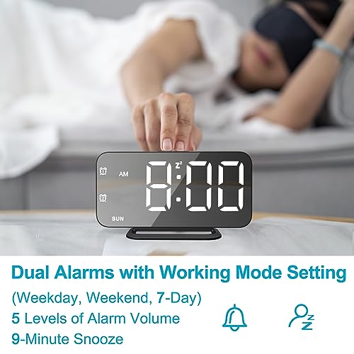 JALL Super Slim LED Digital Alarm Clock, Mirror Surface for Makeup, with Diming Mode, 4 Levels Brightness, Large Display, Easy Setting, Dual USB Port, Modern Decoration for Home, Bedroom Decor, Black