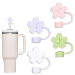 4 pack compatible with stanley 30&40 oz tumbler, 10mm flower straw covers cap, cute silicone straw covers, straw protectors, various shapes soft silicone straw lids for 10mm straws