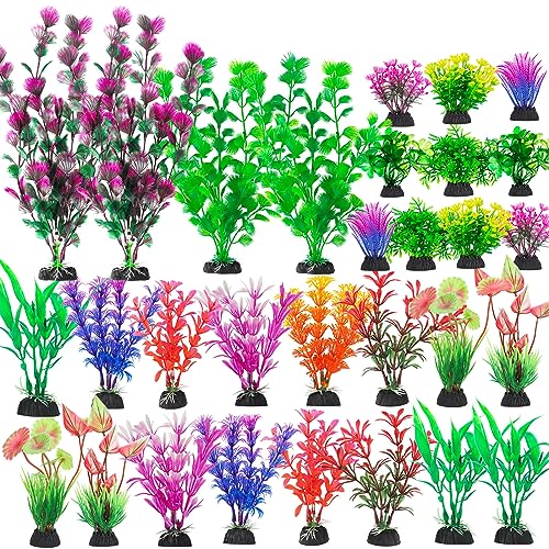 CousDUoBe 30Pcs Aquarium Plants, Fish Tank Accessories Artificial Aquatic Plants,Full Set of Fish Tank Decorations, Various Sizes