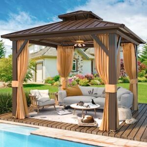 YOLENY 10' x 10' Gazebo, Hardtop Gazebo with Aluminum Frame, Double Galvanized Steel Roof, Curtains and Netting Included, Metal Gazebos Pergolas for Patios, Garden, Lawns, Parties