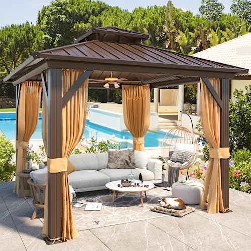 YOLENY 10' x 10' Gazebo, Hardtop Gazebo with Aluminum Frame, Double Galvanized Steel Roof, Curtains and Netting Included, Metal Gazebos Pergolas for Patios, Garden, Lawns, Parties