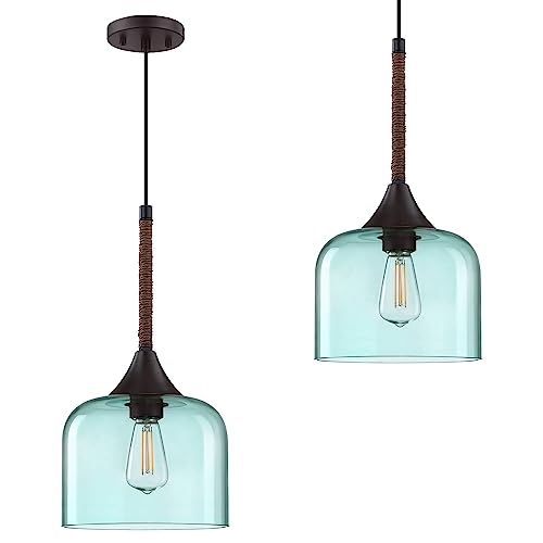 Dolaimi House 2 Pack 1 Light Indoor Hanging Kitchen Island 7.3" Green Glass Paper Rope Pendant Light Fixtures Oil Rubbed Bronze Finish Modern Farmhouse Dinning Room Living Room Over Sink