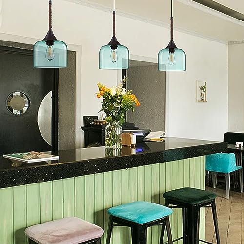 Dolaimi House 2 Pack 1 Light Indoor Hanging Kitchen Island 7.3" Green Glass Paper Rope Pendant Light Fixtures Oil Rubbed Bronze Finish Modern Farmhouse Dinning Room Living Room Over Sink