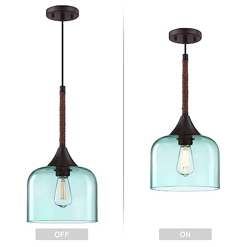 Dolaimi House 2 Pack 1 Light Indoor Hanging Kitchen Island 7.3" Green Glass Paper Rope Pendant Light Fixtures Oil Rubbed Bronze Finish Modern Farmhouse Dinning Room Living Room Over Sink