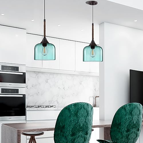 Dolaimi House 2 Pack 1 Light Indoor Hanging Kitchen Island 7.3" Green Glass Paper Rope Pendant Light Fixtures Oil Rubbed Bronze Finish Modern Farmhouse Dinning Room Living Room Over Sink