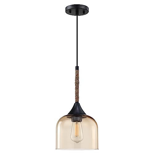 Dolaimi House 1 Light Indoor Hanging Kitchen Island 6.1" Clear Amber Glass Paper Rope Pendant Light Fixtures Black Finish Modern Farmhouse Dinning Room Living Room Over Sink