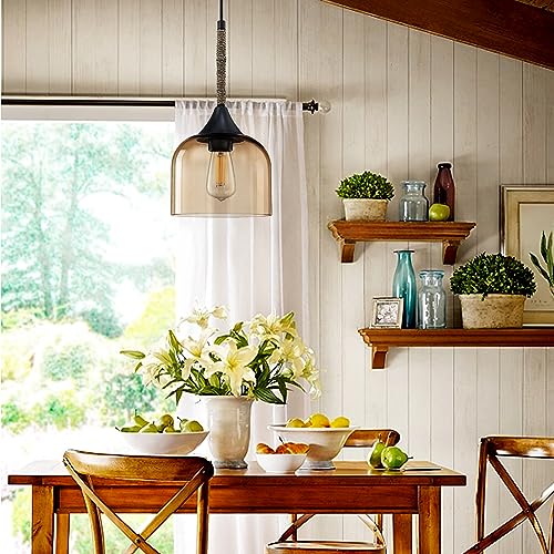 Dolaimi House 1 Light Indoor Hanging Kitchen Island 6.1" Clear Amber Glass Paper Rope Pendant Light Fixtures Black Finish Modern Farmhouse Dinning Room Living Room Over Sink