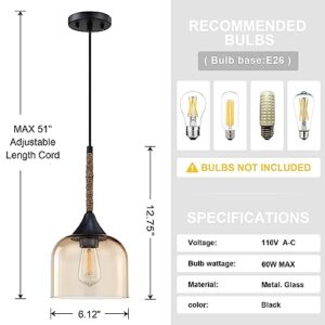 Dolaimi House 1 Light Indoor Hanging Kitchen Island 6.1" Clear Amber Glass Paper Rope Pendant Light Fixtures Black Finish Modern Farmhouse Dinning Room Living Room Over Sink