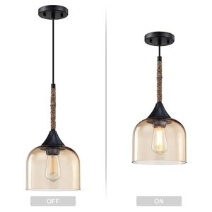 Dolaimi House 1 Light Indoor Hanging Kitchen Island 6.1" Clear Amber Glass Paper Rope Pendant Light Fixtures Black Finish Modern Farmhouse Dinning Room Living Room Over Sink