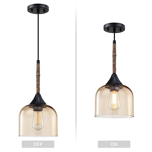 Dolaimi House 1 Light Indoor Hanging Kitchen Island 6.1" Clear Amber Glass Paper Rope Pendant Light Fixtures Black Finish Modern Farmhouse Dinning Room Living Room Over Sink