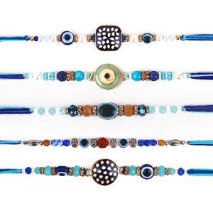 satvik 5 pc evil eye rakhi for brother bhaiya bhabhi traditional handmade assorted designer rakhi set roli chawal, greeting card & soun stickers rakhi thread rakhdi bracelets rakshabandhan