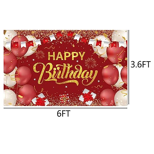 6x3.6FT Red Gold Happy Birthday Backdrop,Red Gold Happy Birthday Photography Background Banner for Birthday Party Backdrop for Men Women Birthday Party Supplies Decoration.