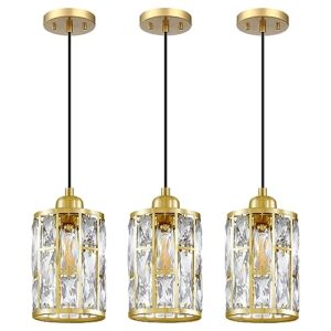 dolaimi house 3 pack 1 light 5.4" crystal shade hanging kitchen island pendant light gold finish,modern pendant fixture with crystal metal shade for bar,dining room,living room over sink