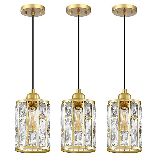 Dolaimi House 3 Pack 1 Light 5.4" Crystal Shade Hanging Kitchen Island Pendant Light Gold Finish,Modern Pendant Fixture with Crystal Metal Shade for Bar,Dining Room,Living Room Over Sink