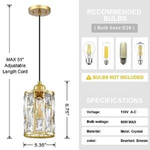 Dolaimi House 3 Pack 1 Light 5.4" Crystal Shade Hanging Kitchen Island Pendant Light Gold Finish,Modern Pendant Fixture with Crystal Metal Shade for Bar,Dining Room,Living Room Over Sink