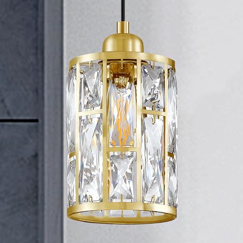 Dolaimi House 3 Pack 1 Light 5.4" Crystal Shade Hanging Kitchen Island Pendant Light Gold Finish,Modern Pendant Fixture with Crystal Metal Shade for Bar,Dining Room,Living Room Over Sink