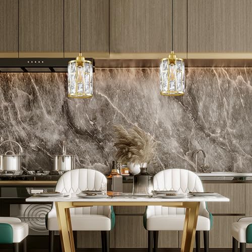 Dolaimi House 3 Pack 1 Light 5.4" Crystal Shade Hanging Kitchen Island Pendant Light Gold Finish,Modern Pendant Fixture with Crystal Metal Shade for Bar,Dining Room,Living Room Over Sink