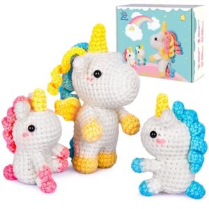 crochetta crochet kit for beginners, amigurumi crocheting animals kits w step-by-step video tutorials, knitting starter pack for adults and kids, jumbo 3 unicorn familly (40%+ yarn content)