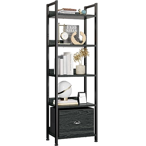 Furologee 5 Tier Bookshelf with Drawer, Kitchen Bakers Rack with Storage, Tall Narrow Bookcase, Industrial Free Standing Display Shelf, Wood and Metal Book Shelf for Bedroom, Living Room, Black