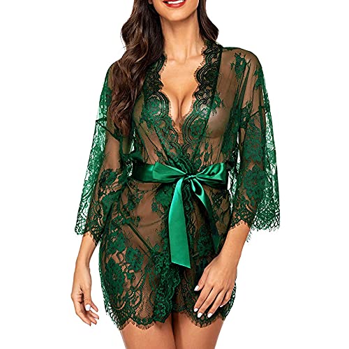 Qopobobo Women Lingerie Naughty Sexy Plus Women's Lace Kimono Robe Long Sleeve Lingerie Mesh Nightgown Dress with Belt