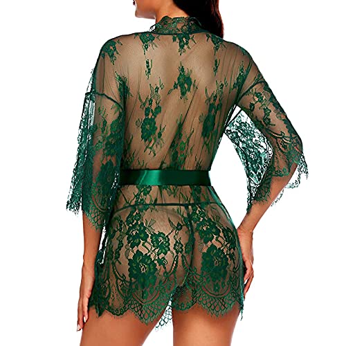 Qopobobo Women Lingerie Naughty Sexy Plus Women's Lace Kimono Robe Long Sleeve Lingerie Mesh Nightgown Dress with Belt