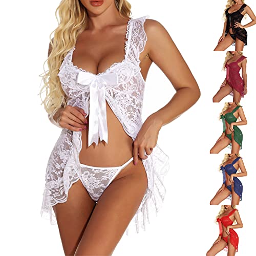 Qopobobo Women Lingerie Naughty Sexy Plus Women Lace Lingerie Front Closure Cardigan V Neck Nightwear Sexy Chemise Nightie Black