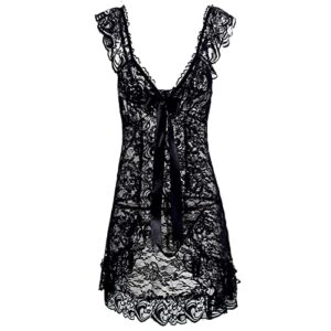 Qopobobo Women Lingerie Naughty Sexy Plus Women Lace Lingerie Front Closure Cardigan V Neck Nightwear Sexy Chemise Nightie Black