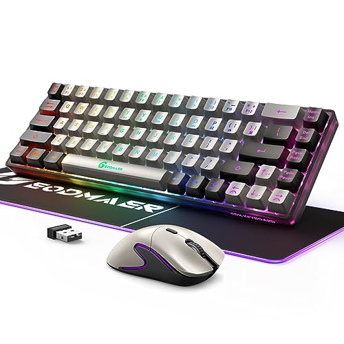 GEODMAER 65% Wireless Gaming Keyboard Mouse and Mouse Pad Combo, Ultra-Compact Mechanical Feel Anti-ghosting Rechargeable Backlit Keyboard + 6D 3200DPI Mice + 12 Backlit Modes Mouse Pad