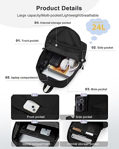 VECAVE Lightweight Backpack for Women Men, Travel Casual Daypack Laptop Rucksack, Waterproof College High Secondary Bookbag Daily Bag, Black