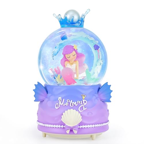 Snow Globe for Girls,100MM Mermaid Musical Snow Globes with Colorful Lights Automatic Snowflakes Christmas Birthday Gift for Age 5-12 Kids Granddaughter