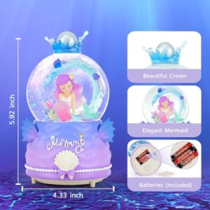 Snow Globe for Girls,100MM Mermaid Musical Snow Globes with Colorful Lights Automatic Snowflakes Christmas Birthday Gift for Age 5-12 Kids Granddaughter