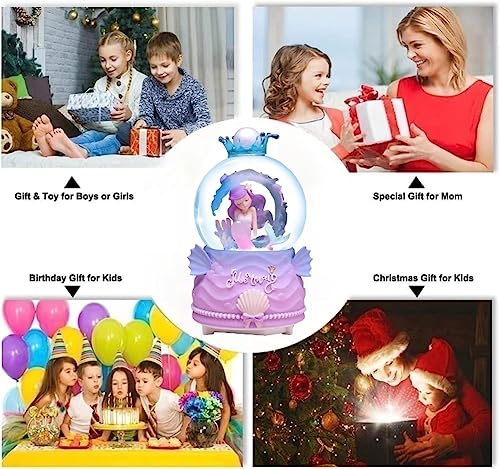 Snow Globe for Girls,100MM Mermaid Musical Snow Globes with Colorful Lights Automatic Snowflakes Christmas Birthday Gift for Age 5-12 Kids Granddaughter