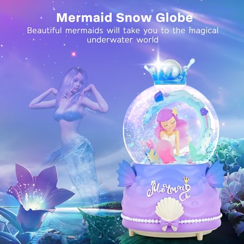 Snow Globe for Girls,100MM Mermaid Musical Snow Globes with Colorful Lights Automatic Snowflakes Christmas Birthday Gift for Age 5-12 Kids Granddaughter