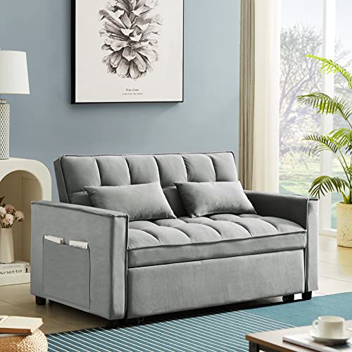 Verfur 3 in 1 Pull Bed Sleeper, Modern Upholstered Loveseat Lounge Sofa & Couches w/Reclining Backrest, Convertible Futon Love Seat Sofabed, Grey 55.2"