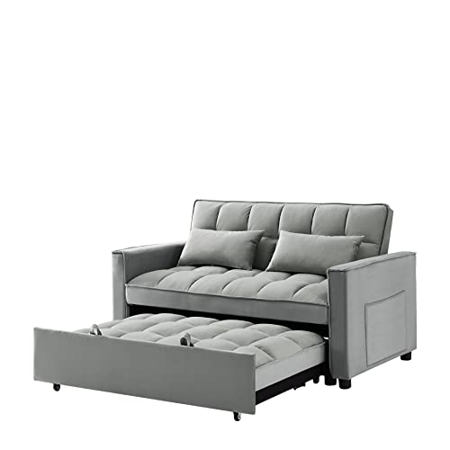 Verfur 3 in 1 Pull Bed Sleeper, Modern Upholstered Loveseat Lounge Sofa & Couches w/Reclining Backrest, Convertible Futon Love Seat Sofabed, Grey 55.2"