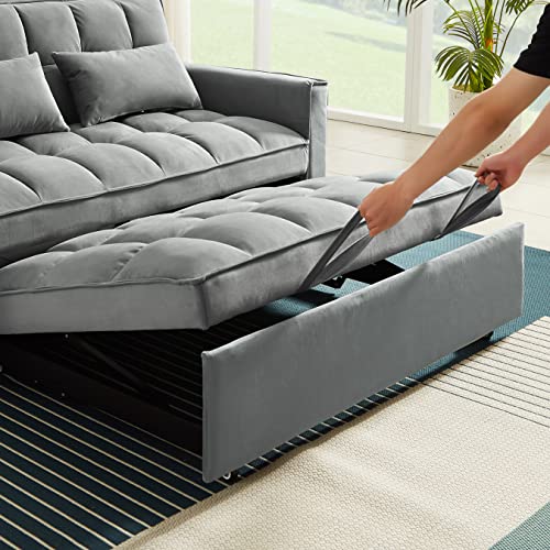 Verfur 3 in 1 Pull Bed Sleeper, Modern Upholstered Loveseat Lounge Sofa & Couches w/Reclining Backrest, Convertible Futon Love Seat Sofabed, Grey 55.2"